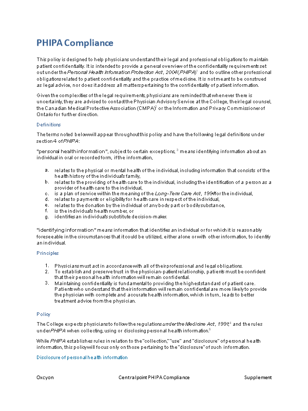 Centralpoint PHIPA Compliance Policy | Polices | Oxcyon